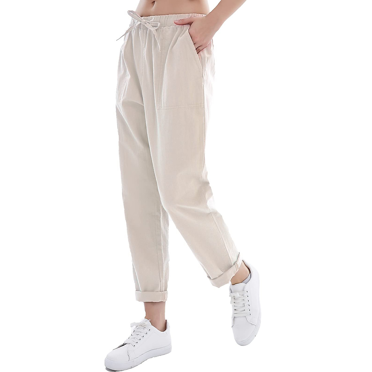 Women's Drawstring Linen Pants Women Elastic Waist Soft Cotton Cropped Linen Pant Large Khaki