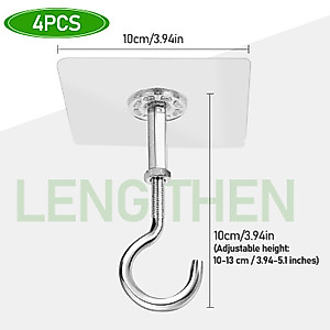 4 Pack Adhesive Ceiling Hooks Large Super Heavy Duty Hooks for Hanging Plants, Lights, Wind Chimes, Lanterns No Drill Strong Outdoor Sticky Ceiling Hanger Drill Free Metal Hook for Ceiling Decoration