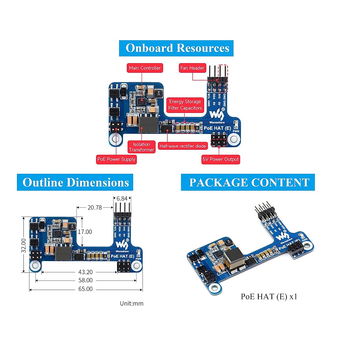 PoE HAT for Raspberry Pi 4B/Raspberry Pi 3B+, Power Over Ethernet (PoE) Support 802.3af PoE Network Standard, Compatible with Raspberry Pi Official Case, Support Connecting Cooling Fan