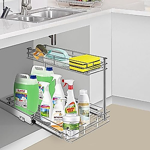 2 Tier Pull Out Cabinet Organizer, 20.7" D x 12.7" W x 13.9" H, Heavy Duty, Under Sink Slide Out Storage, Sliding Wire Drawer Base Cabinet for Kitchen Bathroom Pantry, Chrome