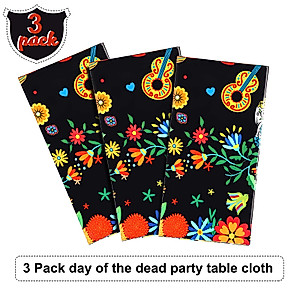 3 Pieces Day of The Dead Plastic Tablecloth Dia De Los Muertos Sugar Skull Floral Table Cloth Disposable Rectangle Table Cover for Halloween Mexican Fiesta Birthday Coco Party Supplies, 54 x 108 Inch