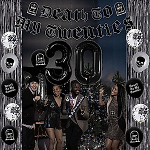 Black 30th Birthday Decorations for Women or Men, Death to My 20s Decorations, Death to My Twenties Banner Number 30 Balloons Rip to My 20s Sash Cake Toppers for Rip 20s Birthday Decorations