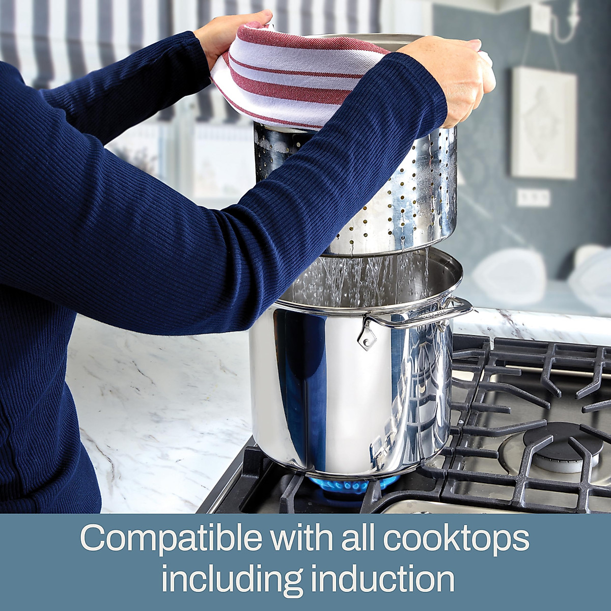 All-Clad Gourmet Accessories Stainless Steel Multi-Pot with Perforated, Steamer Insert, & Lid, 12 Quart, Silver