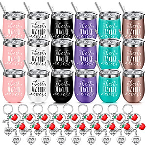 36 Pcs Teacher Appreciation Gift Sets 12 Oz Teacher Wine Tumbler for Women Valentines Day Gift for Teacher Thank You Gift Teacher Birthday Gifts Best Teacher Ever Cup and Keychain (Multi Color)