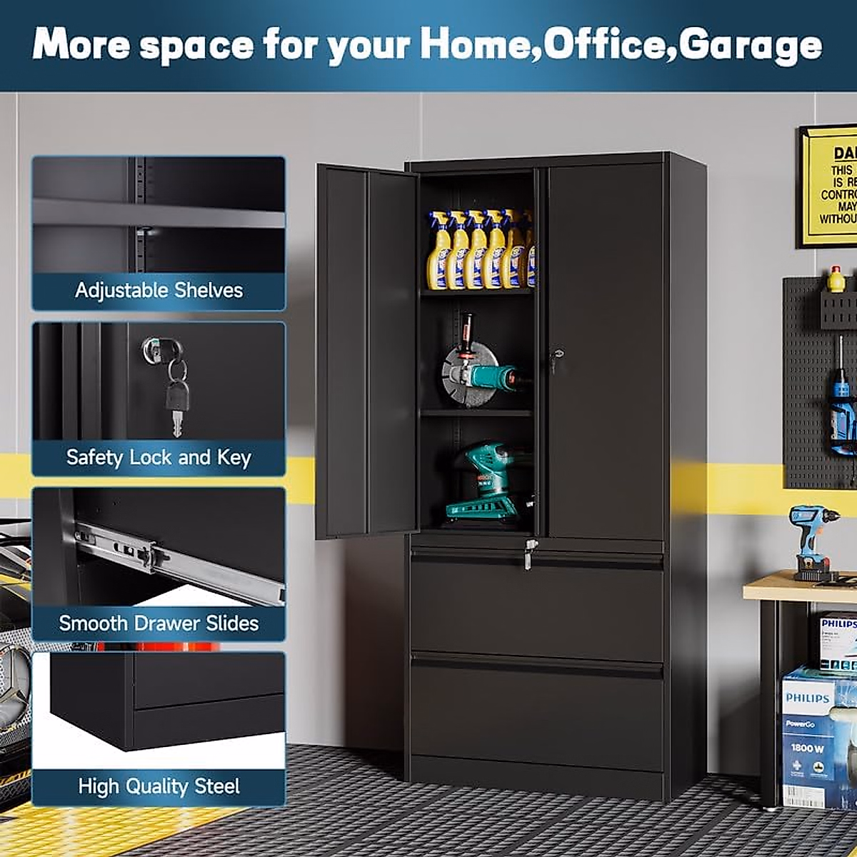 AFAIF Metal File Cabinets, Lateral Filing Cabinet with 2 Drawers,70" H File Cabinet for Home Office, Office Storage Cabinet with Adjustable Storage Shelves for Letter/Legal/A4 Size Files,Black