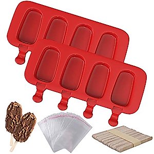 Ozera 2 Pack Popsicles Molds, Homemade Cake Pop Mold Cakesicle Molds Silicone Popcical Molds, 4 Cavities Ice Pop Cream Molds Maker with 50 Wooden Sticks & 50 Popsicle Bags for DIY Popsicles