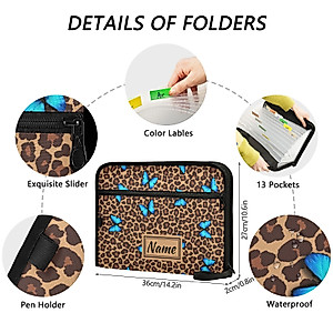 Blue Butterfly Leopard Cheetah Print Expanding File Folder, 13 Pockets Accordion File Organizer with Sticky Labels Zipper Portable A4 Document Organizer for Home Office School Supplies