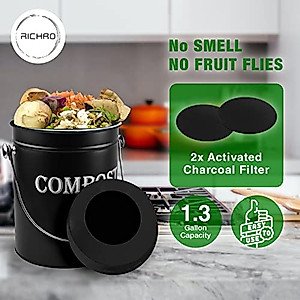 Compost Bin Kitchen 1.3 Gallon Smell Free Charcoal Filter Countertop Compost Bin with Lid - Stainless Steel Rust-Free Composting Bin for Kitchen Counter Compost Bucket Includes a Spare Filter (Black