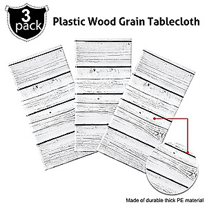 3 Pieces Wood Tablecloth Plastic White Wood Grain Tablecloth Rustic Wood Table Cover Rectangle Wood Grain Table Cover for Western Birthday Party Picnic Table Decoration,54 X 108 Inches