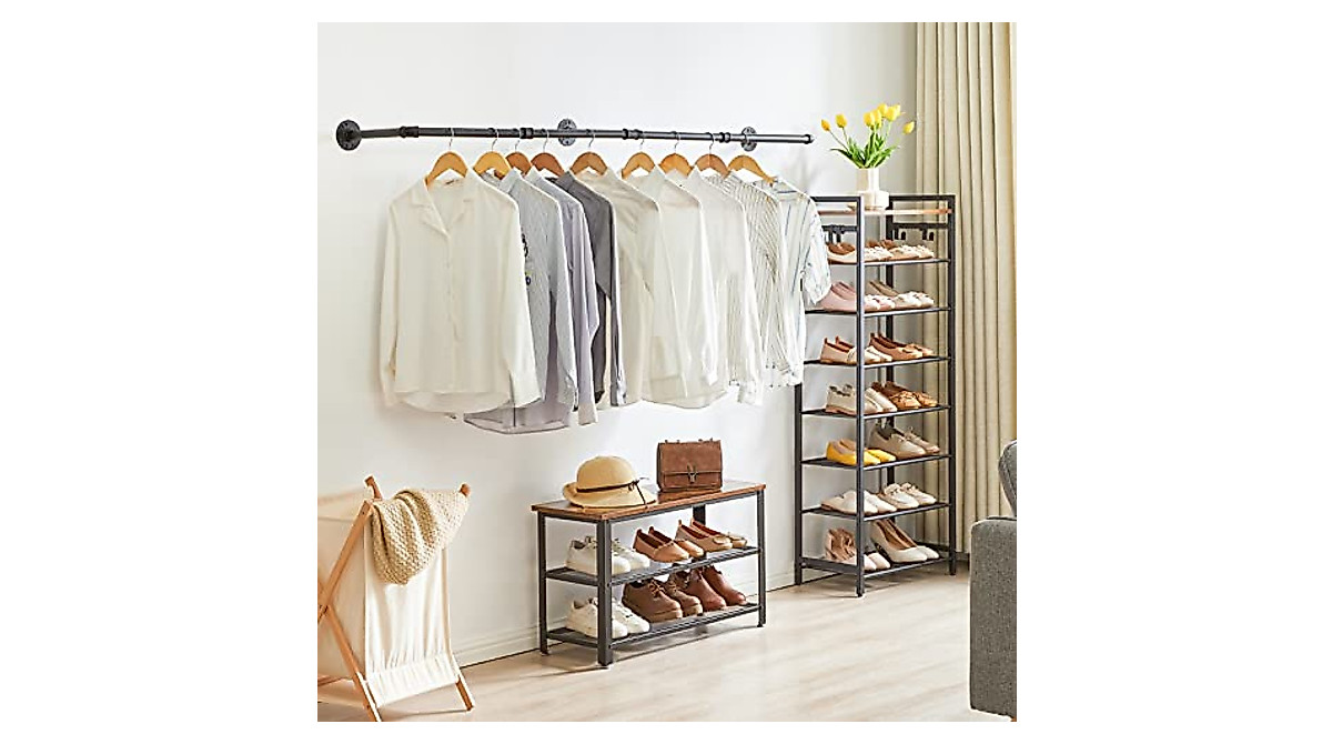 IBUYKE 70 Inch Industrial Pipe Clothes Bar Rack, Wall Mounted Garment ...