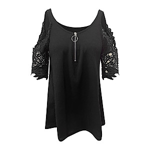 Women's 2022 Summer Tops,Womens Summer Casual Zip Up Fashion Printed Off Shoulder Mid Sleeve T Shirt Top Womens T Shirts Top Black-p5