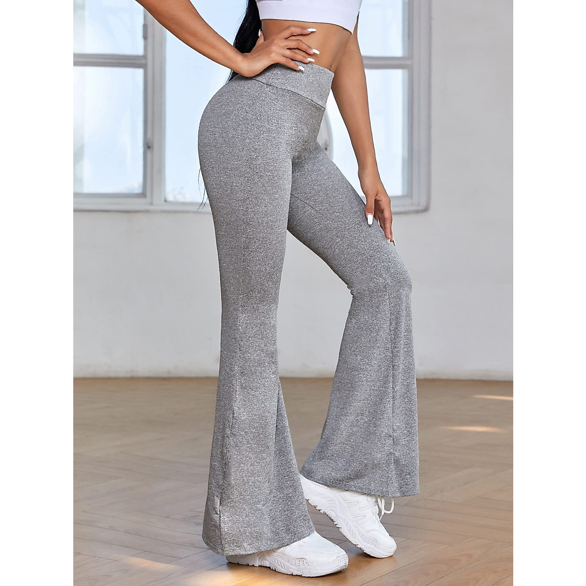 OYOANGLE Women's Yoga Flare Leg Bell Yoga Pants High Waisted Bootcut Bottom Yoga Leggings Grey M