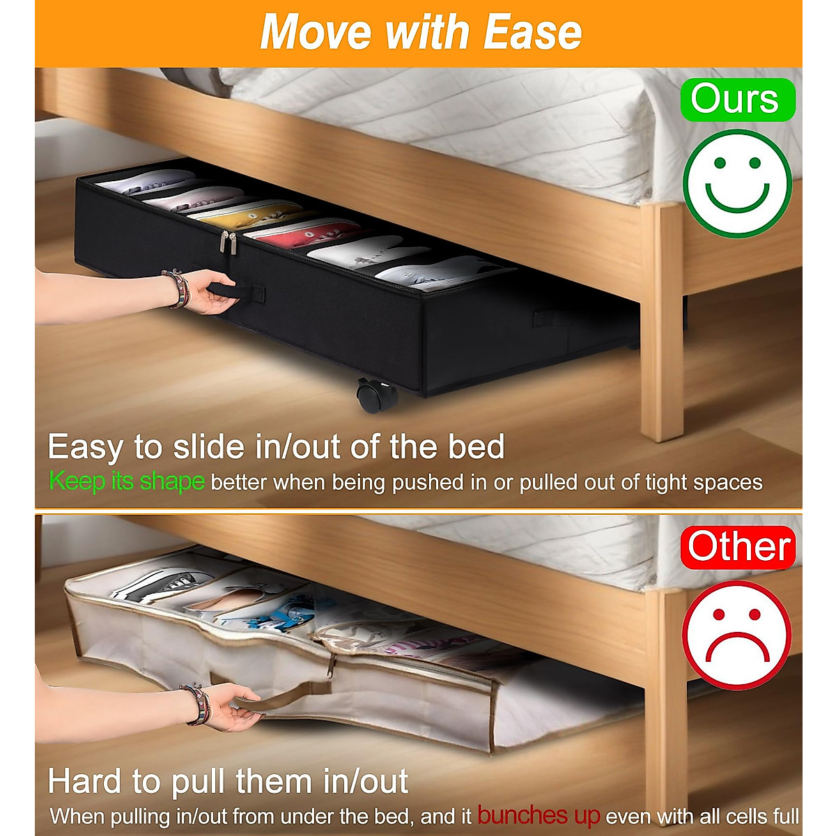 punemi Under Bed Shoe Storage Organizer With Wheel & Adjustable Dividers, Underbed Shoes Boot Closet Storage Solution Containers - Side & Bottom Support & 3 Handles, Up To 12 Shoes, 29.5"X23.6"X7.9"