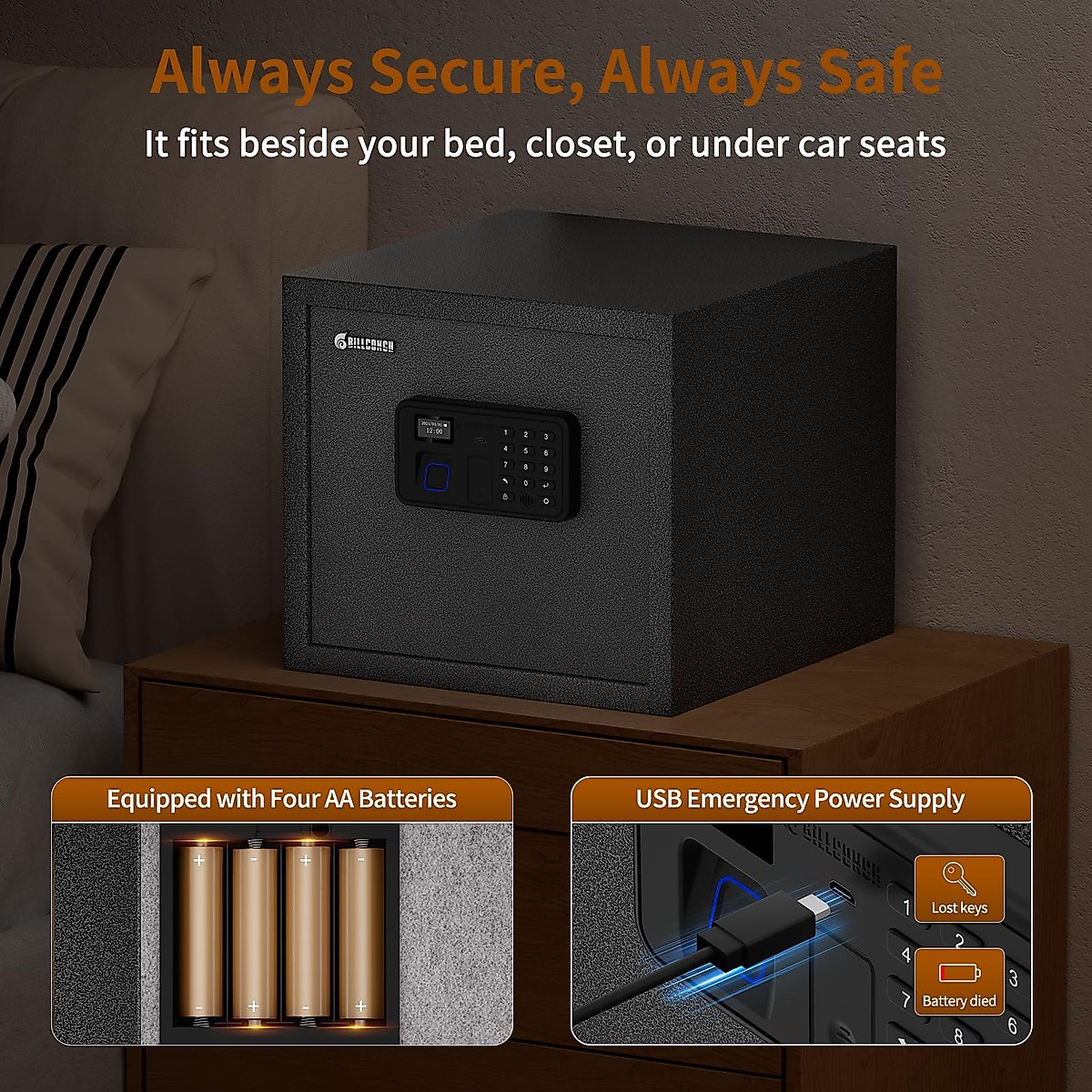Billconch Smart Gun Safe for Multiple Pistols - Automatic Lock Safe Box with LCD Display/Voice Guide, Quick Access Unlock with Fingerprint/Keypad/Key/App, Biometric Handgun Safe for Money Valuables
