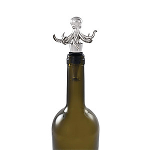 Twine Octopus Wine Bottle Stopper, Keep Wine Fresh, Fits Standard Bottles, Metal, Rubber Seal, Silver, Set of 1
