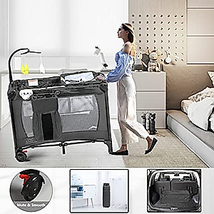 Kinder King 3 in 1 Portable Nursery Center, Foldable Playard for Baby & Toddler, Infant Pack n Play w/Bassinet, Removable Mattress, Newborn Changing Table, Travel Bag, Music Box, Storage Basket, Grey