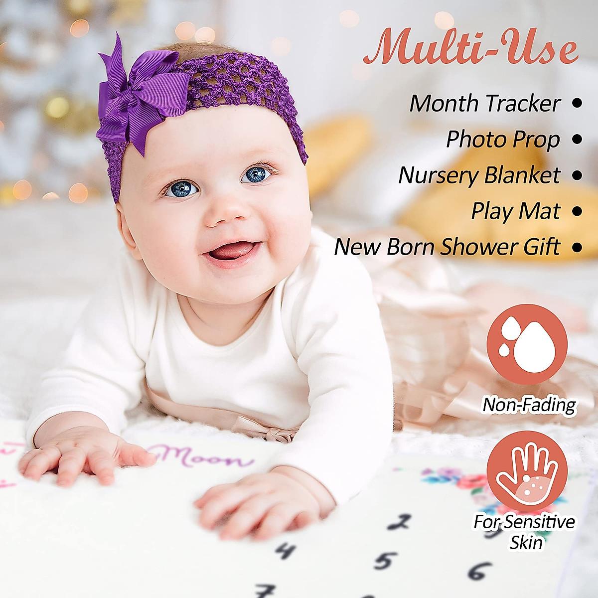 Tatuo Baby Monthly Milestone Blanket Baby Photo Blanket for Newborn Baby Shower Weekly and Monthly Blanket for Baby Pictures Includes Headband Floral Wreath and Frame 40 x 30 Inches