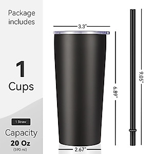 DOMICARE 20 oz Tumbler with Lid and Straw, Stainless Steel Tumblers Bulk Vacuum Insulated Tumbler Travel Coffee Mug Pack of 1, Black