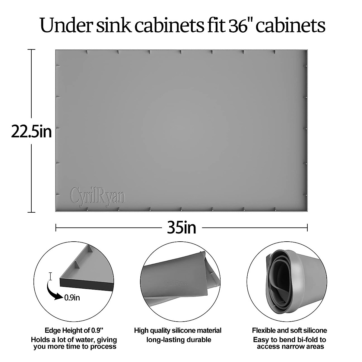 Under Sink Mat for 36" Cabinet, Holds Over 3.3 Gallons, Silicone Waterproof Mat, Under Sink Liner Sink Cabinet Protector for Water Drips, Leaks, Spills Gray 35x22.5 inch