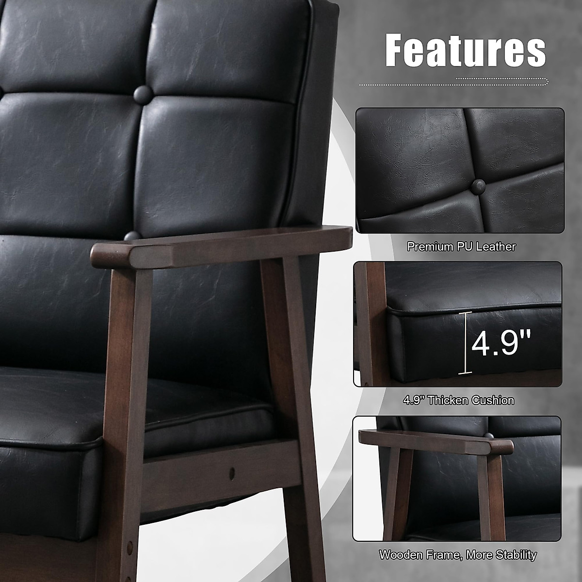 Okeysen Accent Chairs Set of 2, Mid Century Modern Accent Chair, Retro Wood and Leather Armchairs Side Chair, Lounge Reading Comfy Arm Chair for Living Room, Bedroom, Office(Matte Black)