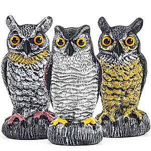 3 Pack Fake Owl Decoy to Keep Birds Away - Plastic Horned Owl Statues Bird Scarecrow Deterrents for Pigeon Hawk Squirrels Woodpecker, Halloween Decoration, Bird Scare Devices for Garden Outdoor Yard