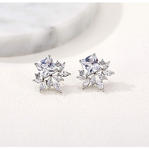 SWEETV CZ Cluster Bridal Wedding Bridesmaids Earrings, Crystal Stud Earrings for Women, Silver,Suitable for Ages 15+