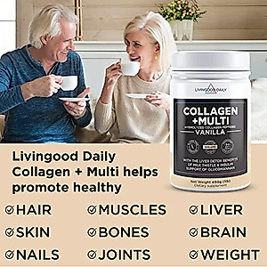Livingood Daily Vanilla Collagen Powder, 30 Servings - Collagen Protein Powder (Collagen Type 1 and 3) Plus Multivitamin, Milk Thistle & Glucosamine - Hydrolyzed Collagen Peptides - 15.87oz