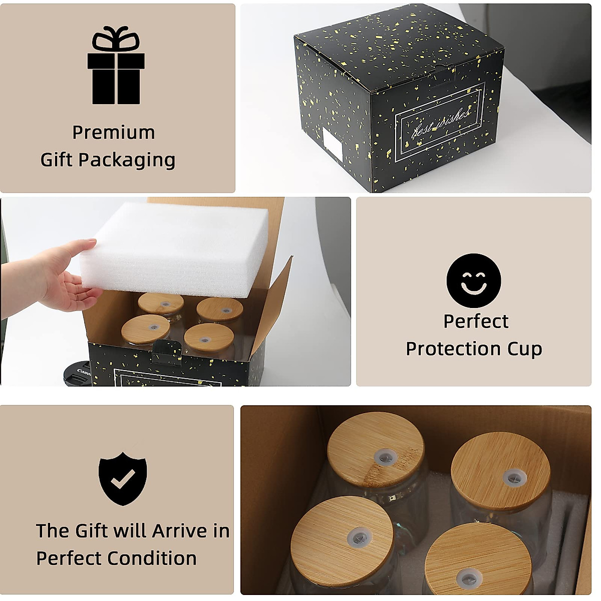 4 Pack Glass Cups with Bamboo Lids and Straws, 16 oz Iced Coffee Cup, Iridescent Drinking Glasses, Beer Glasses, Cute Tumbler Cup, Glass Cups for Valentines Day Gift Cocktail, Party Favors, Juice