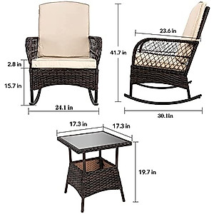 LEVELEVE 3 pcs Rocking Bistro Set Conversation Chairs PE Wicker Outdoor Rocking Chairs & Glass Table,for Porch Lawn Garden Backyard Deck