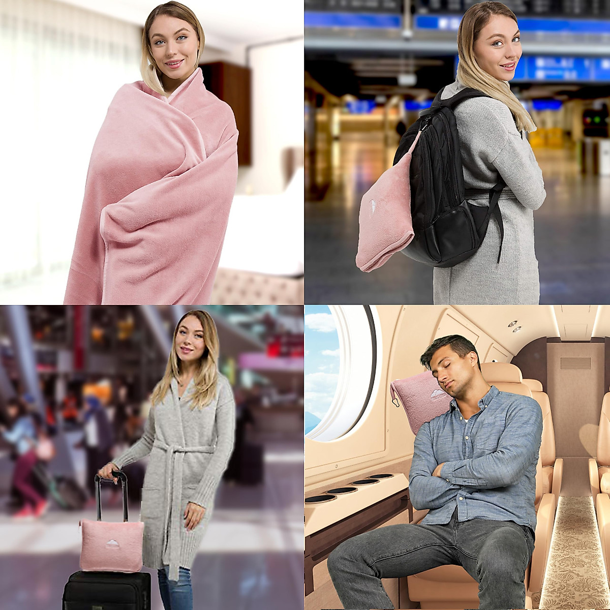 BlueHills Premium Soft Long Travel Blanket Pillow for Tall Airplane Flight Blanket 70 X48 inch Throw in Soft Bag case with Hand Luggage Belt & Backpack Clip Compact Pack Large Pink T055