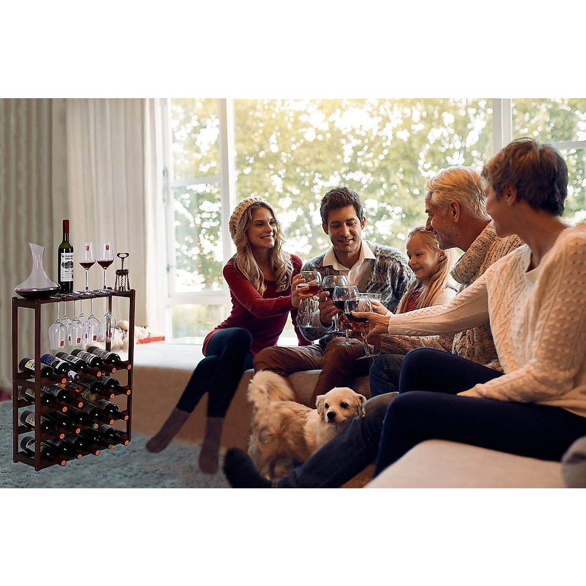 Wine Rack Free Standing 20 Bottles with 8 Glasses Holder,Bamboo Wine Storage Shelf for Home Kitchen Pantry Wine Cellar Organizer Display Stand for Wine Lover