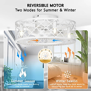 Coolbull White Caged Ceiling Fans with Lights and Remote Outdoor Enclosed Bladeless 18 Inch Low Profile Flush Mount Fixture Small Fandelier LED Ceiling Fan Light for Kitchen Farmhouse Bedroom