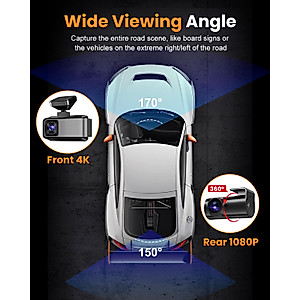 SUVCON 4K Dash Cam Front and Rear, Dual Dash Camera for Cars 4K+1080P Dashboard Car Camera Built-in Wi-Fi GPS, 24H Parking Monitor, Night Vision, Loop Recording, WDR, 170° Wide Angle, Free 32GB Card