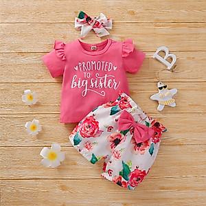 GRNSHTS Kids Baby Girl Sister Floral Outfits Promoted To Big Sister Short Sleeve Shirt+Floral Bowknot Shorts+Headband 3Pcs Clothes (Rose Red, 12-18 Months)