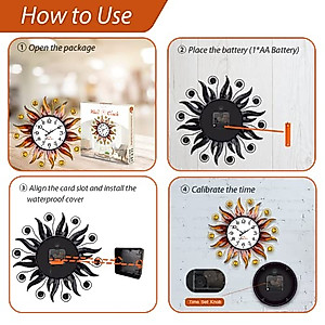 HOBYLUBY Indoor Outdoor Wall Clocks, 13" Sun Clock Silent Non-Ticking for Patio Home Decorations