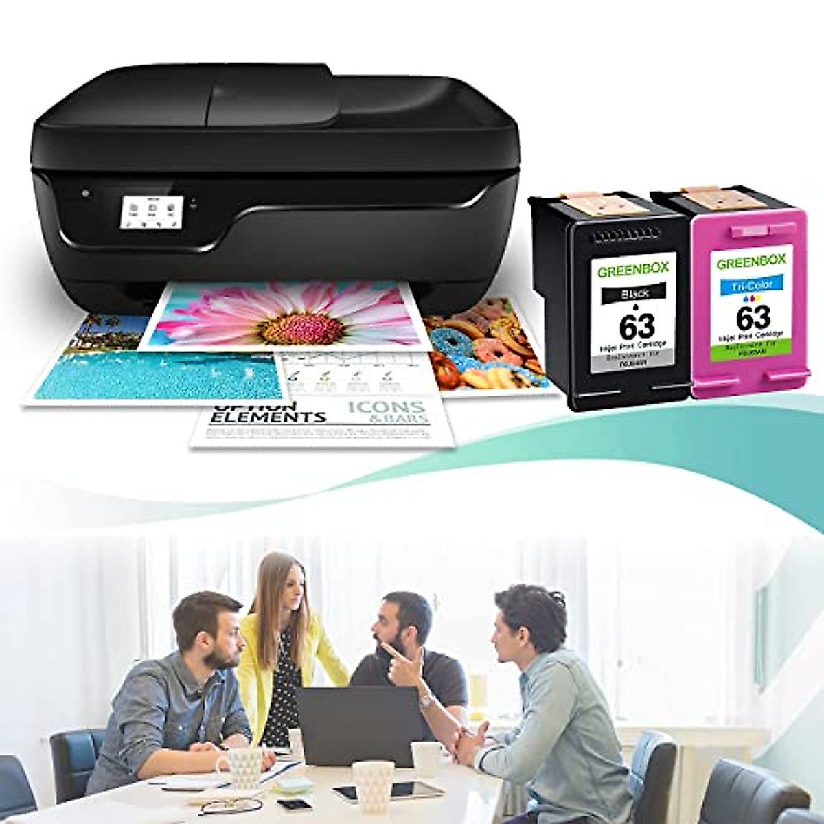 GREENBOX Remanufactured Ink Cartridge Replacement for HP 63 63 to use with OfficeJet 3830 Envy 4512 4520 Officejet 4650 5255 Deskjet 1112 3634 3632 3639 Printer (1 Black 1 Color)