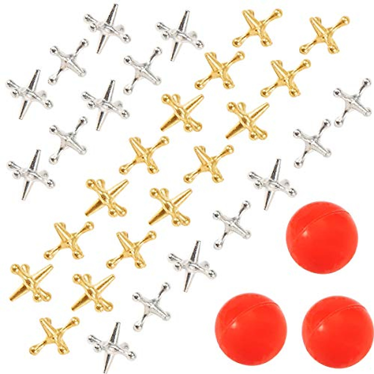 Biubee 3 Sets Retro Metal Jacks and Ball Game- 30 Pcs Gold and Silver Toned Jacks with 3 Red Rubber Bouncy Balls, Classic Game of Jacks for Party Favor, Game Prizes, Kids and Adult of All Ages