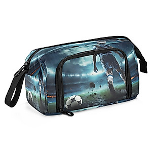 Emelivor Night Soccer Player Pencil Case Large Capacity Pencil Pouch Bag with Compartmens Pen Bag Case with Zipper Stationery Bag Pencil Organizer for School Office Girls Boys Adult College