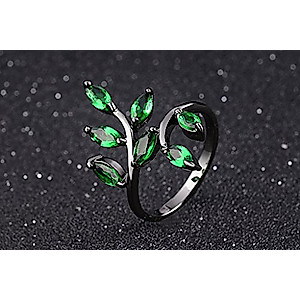 Huanhuan Jewelry Black Gold Plated Ring Marquise Cut Seven Green Cubic Zirconia Adjustable Leaf Design For Womens Girls Bridal Wedding Band Ring Unique Anniversary Gift Size 10