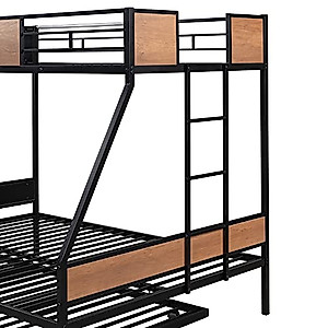Rophefx Twin Over Full Bunk Bed with Trundle, Metal Bunkbed with Safety Rails and Ladders, Black