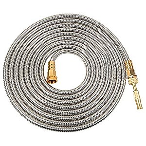 VERAGREEN Stainless Steel Metal Garden Hose 304 Stainless Steel Water Hose with Solid Metal Fittings and Newest Spray Nozzle, Lightweight, Kink Free, Durable and Easy to Store(50FT)