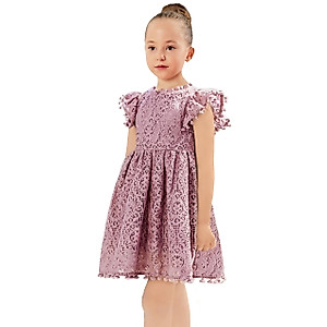 2Bunnies Girl Vintage Lace Pom Pom Trim Birthday Party Dress for Little Kid(Dusty Pink, 5)