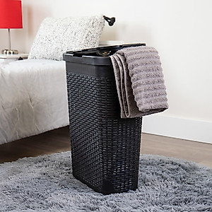 Mind Reader 40L Slim Laundry Hamper, Clothes Basket, Lid, Wicker Design, Plastic, 18"L x 10.4"W x 23.5"H, Black