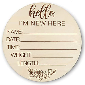 Wooden Newborn Welcome Sign - Hello I’m New Here Baby Name Sign - Round Baby Announcement Sign for Hospitals - Infant Arrival Stat Sign - 4.75 Inches Long & Wide with 3mm Thickness
