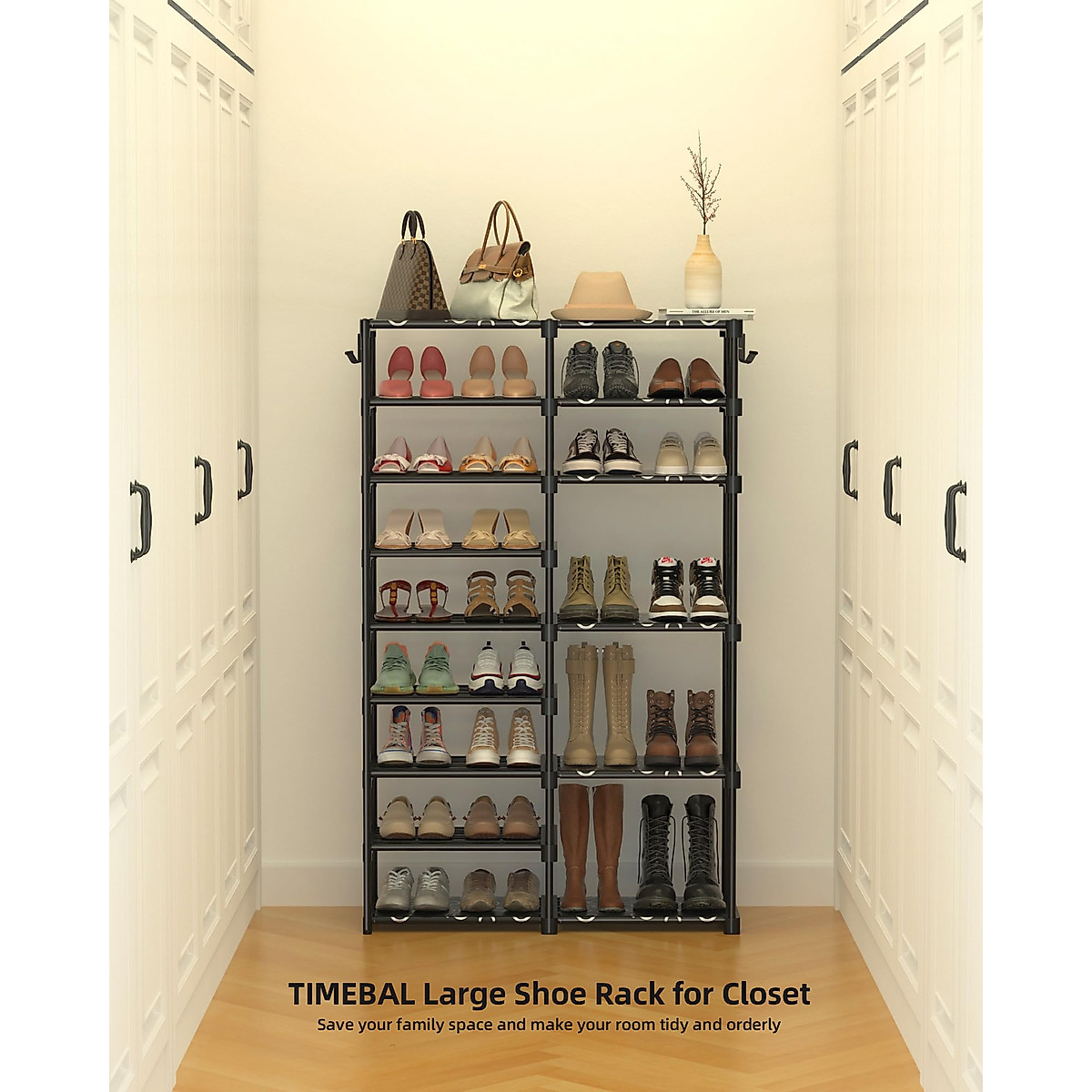 TIMEBAL 9 Tier Shoe Rack Organizer, 32-40 Pairs Shoe Storage Shelf, Shoe Stand with 2 Hooks, Shoe Rack for Closet, Stackable Shoe Rack for Boot & Shoe Storage, Removable & Dust Large Shoe Rack