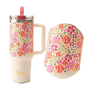 The Darling Effect Tumbler with Handle Matching Lid and Straw 40 oz Tumbler with Reusable Straws Garden Pink Stainless Steel Travel Mug 6 Piece Set for Hot Drinks Iced Coffee