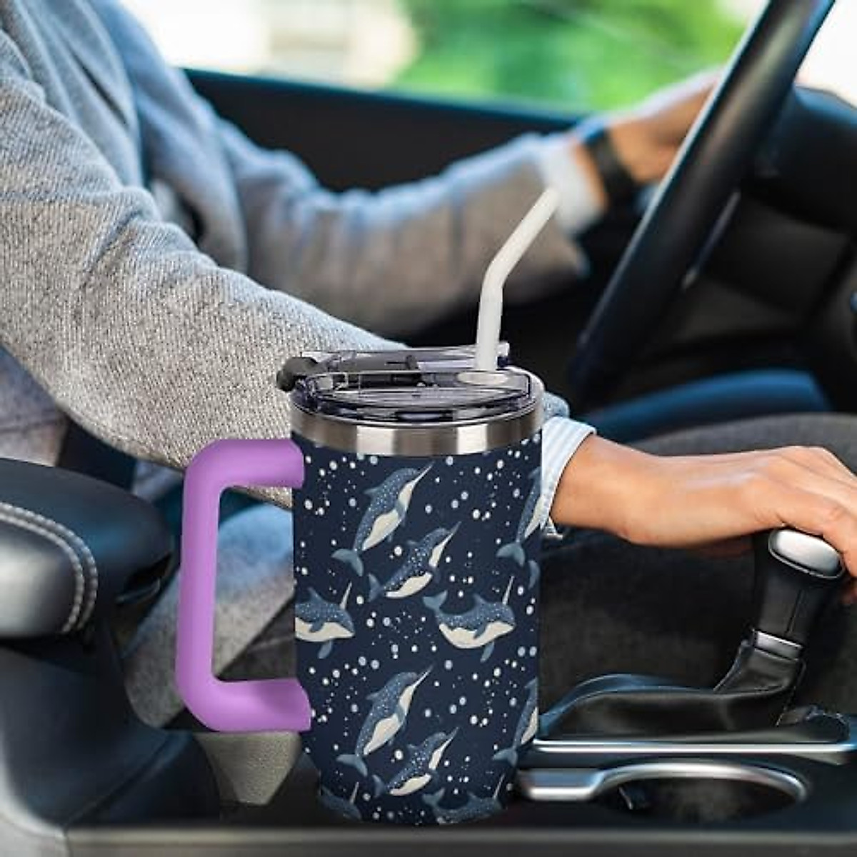 Whales Orcas Narwhals On Navy 40 Oz Tumbler Insulated Stainless Steel Water Bottle Travel Mug Car Cup with Handle And Straw