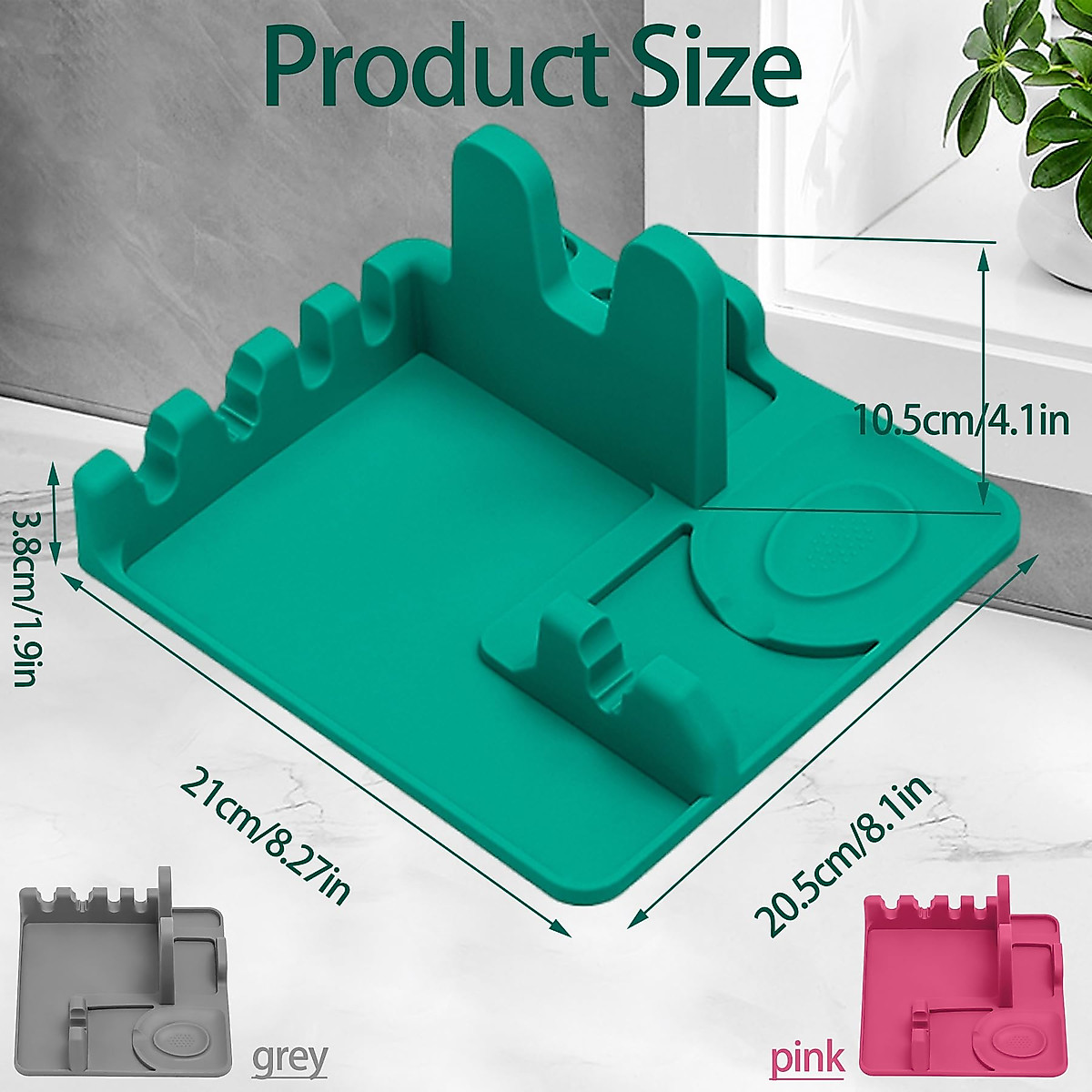 Drescu Silicone Spoon Holder Spoon Rest with Lid Holder for Stove Top,BPA Free Utensil Rest for Kitchen Countertop,Non-Slip Heat-Resistant Stove Utensil Holder for Spatula,Ladle,Tong&Pot Lid (Grey)