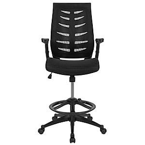 Flash Furniture High Back Black Mesh Spine-Back Ergonomic Drafting Chair with Adjustable Foot Ring and Adjustable Flip-Up Arms