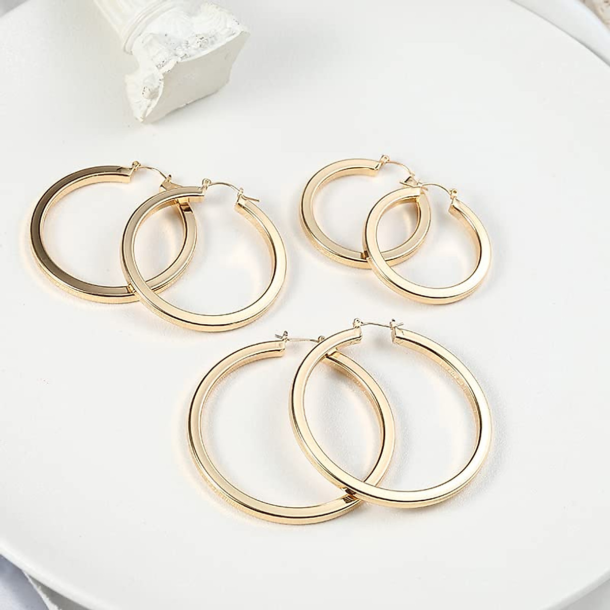 3 Pairs Big Gold Hoop Earrings Set for Women 14K Gold Plated, Hypoallergenic Stainless Steel Post Chunky Twisted Hoops Earring for Women Girls. (3 Gold Square Hoop)